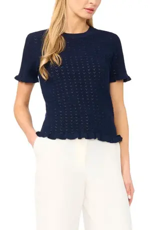 Halogen Ruffle Trim Pointelle Stitch Short Sleeve Sweater - Classic Navy