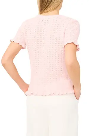 Halogen Ruffle Trim Pointelle Stitch Short Sleeve Sweater - Potpourri