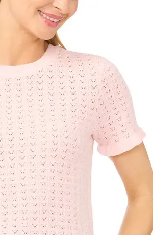 Halogen Ruffle Trim Pointelle Stitch Short Sleeve Sweater - Potpourri