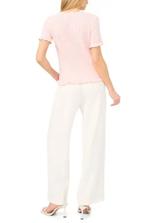 Halogen Ruffle Trim Pointelle Stitch Short Sleeve Sweater - Potpourri