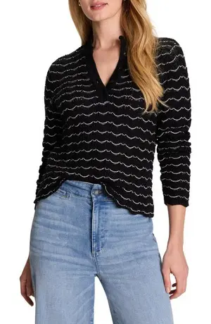 NIC+ZOE Scalloped Tuck Stitch Cotton Crop Sweater - Black Multi