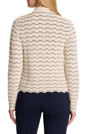 NIC+ZOE Scalloped Tuck Stitch Cotton Crop Sweater - Cream Multi
