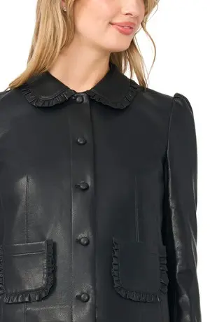 CECE DUPRAZ Crop Ruffle Trim Faux Leather Jacket