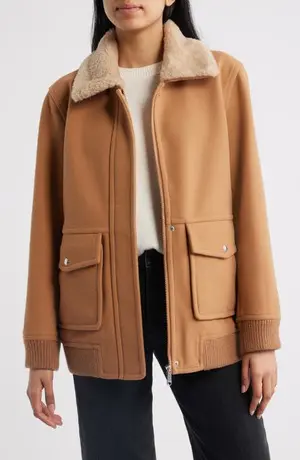 Sam Edelman Relaxed Bomber Jacket With Faux Shearling Collar - Camel