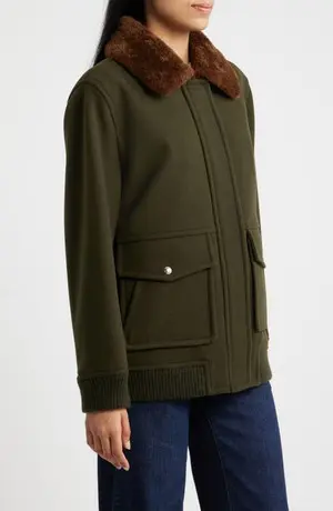 Sam Edelman Relaxed Bomber Jacket With Faux Shearling Collar - Loden