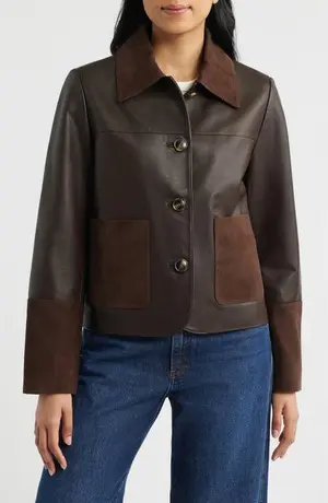 Bernardo Short Mixed Media Leather Jacket - Chocolate