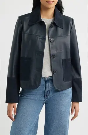 Bernardo Short Mixed Media Leather Jacket - Navy