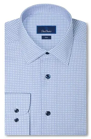 David Donahue Trim Fit Microcheck Cotton Dobby Dress Shirt - Sky/navy
