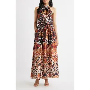 Julia Jordan Floral Print Stretch Satin Maxi Dress - Rust Multi