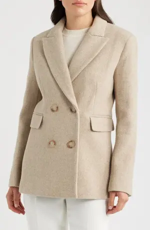 Donna Karan New York Herringbone Wool Double Breasted Coat - Beige/ivory