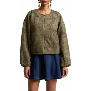 Bagatelle Leaf Embroidery Faux Suede Jacket - Fern