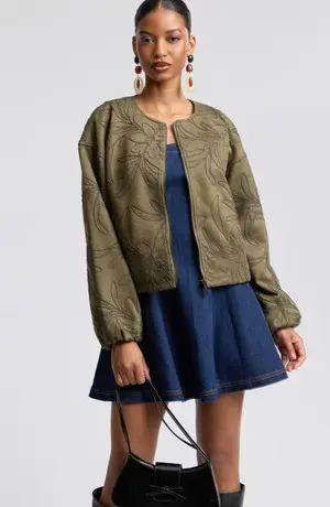 Bagatelle Leaf Embroidery Faux Suede Jacket - Fern