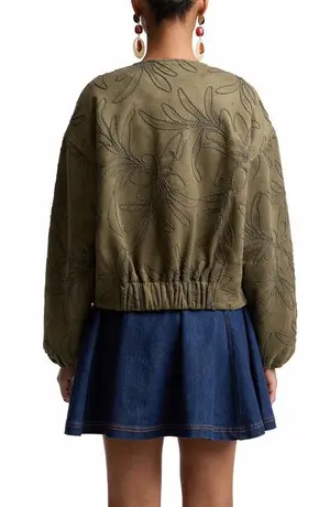 Bagatelle Leaf Embroidery Faux Suede Jacket - Fern
