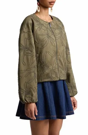 Bagatelle Leaf Embroidery Faux Suede Jacket - Fern
