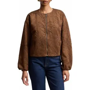 Bagatelle Leaf Embroidery Faux Suede Jacket - Mocha