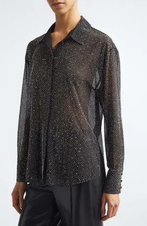 Alice + Olivia Dimitra Crystal Embellished Oversize Sheer Shirt