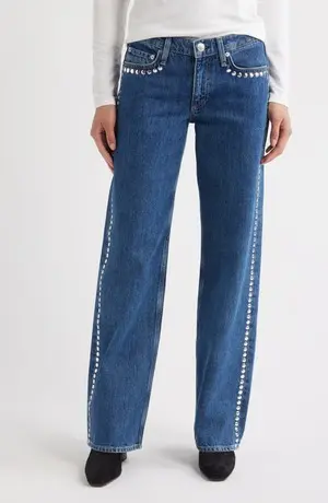 Rag & Bone Saige Studded Low Rise Full Length Relaxed Straight Leg Jeans - Park Stud