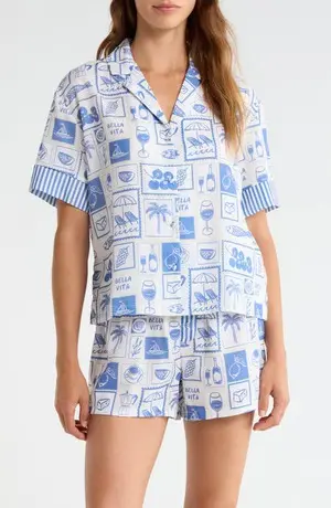 PJ Salvage Notch Collar Top & Boxers Woven Short Pajamas - Denim