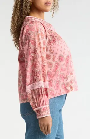 Treasure & Bond Lace Trim Embroidered Top - Pink- Olive Patchwork Paisley