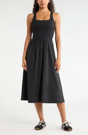 Zella Sleeveless Ribbed Tank Midi Dress - Black