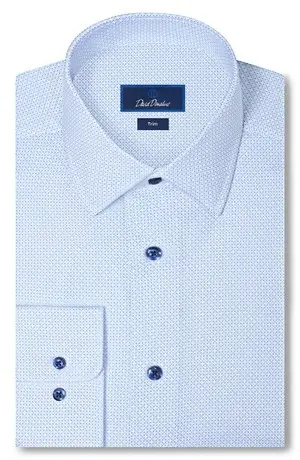David Donahue Trim Fit Neat Print Stretch Cotton Twill Dress Shirt Blue/white