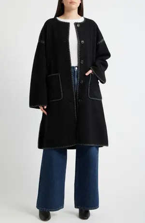Bcbgmaxazria Embroidered Bouclé Coat With Scarf - Black