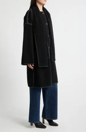 Bcbgmaxazria Embroidered Bouclé Coat With Scarf - Black
