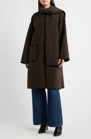Bcbgmaxazria Embroidered Bouclé Coat With Scarf - Chocolate