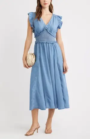 Chelsea28 Smocked Chambray Midi Dress