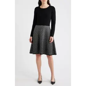 Julia Jordan Long Sleeve Jacquard Sweater Dress - Black Ivory