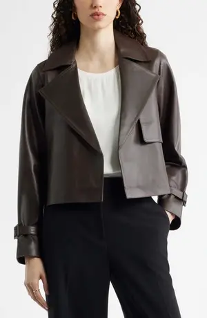 Nordstrom Crop Leather Trench Coat - Brown Coffee