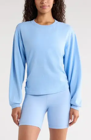 Zella Ruched Side Cotton Blend French Terry Sweatshirt - Blue Pacid