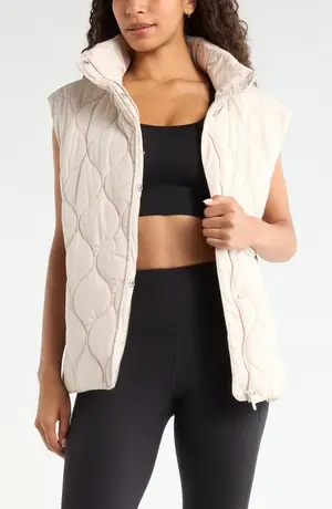Zella Skyline Belted Puffer Vest - Grey Pebble