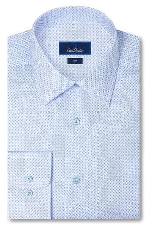 David Donahue Trim Fit Neat Microprint Cotton Twill Dress Shirt Sky/navy