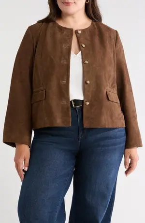 Nordstrom Suede Crop Button Front Jacket - Brown Drum