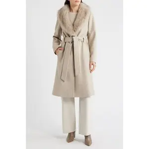Bcbgmaxazria Belted Wrap Coat With Faux Fur Collar - Oatmeal