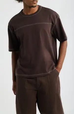 Bp. Contrast Coverstitch Cotton Jersey T-shirt - Brown Coffee