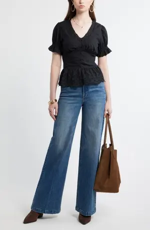 Treasure & Bond Cutwork Peplum Top - Black