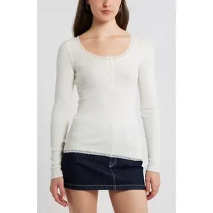Bp. Lace Trim Cotton Blend Rib Henley - Ivory