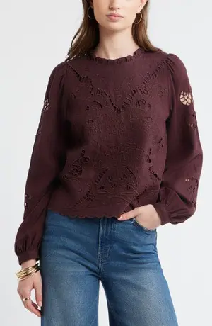 Treasure & Bond Open Floral Cutwork Linen Blend Top - Burgundy Fudge