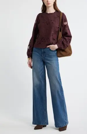 Treasure & Bond Open Floral Cutwork Linen Blend Top - Burgundy Fudge