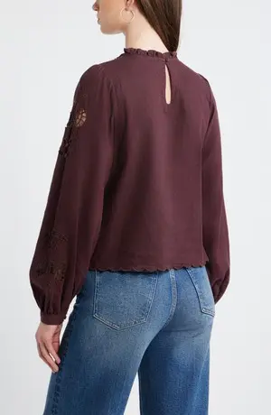 Treasure & Bond Open Floral Cutwork Linen Blend Top - Burgundy Fudge