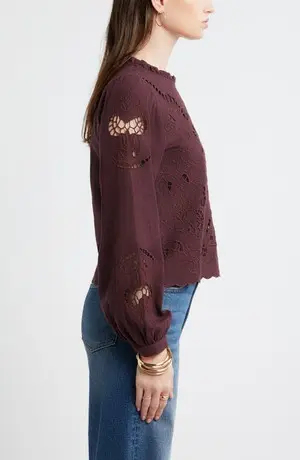 Treasure & Bond Open Floral Cutwork Linen Blend Top - Burgundy Fudge
