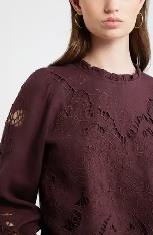 Treasure & Bond Open Floral Cutwork Linen Blend Top - Burgundy Fudge