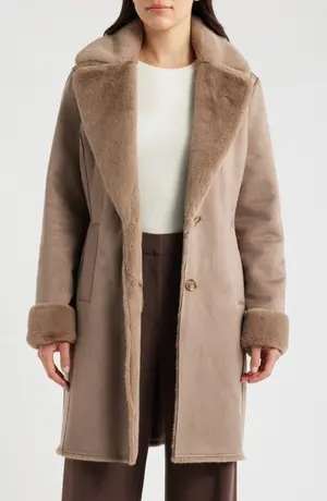 Donna Karan New York Faux Suede Coat With Faux Fur Trim