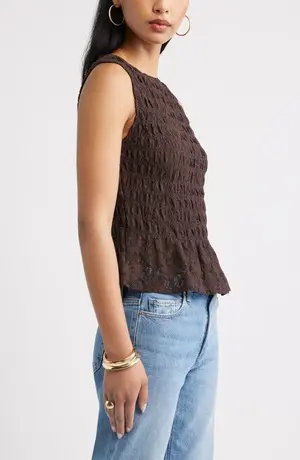 OPEN EDIT Smocked Lace Peplum Top - Brown Seal