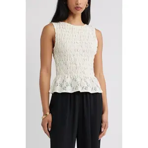 OPEN EDIT Smocked Lace Peplum Top - Ivory