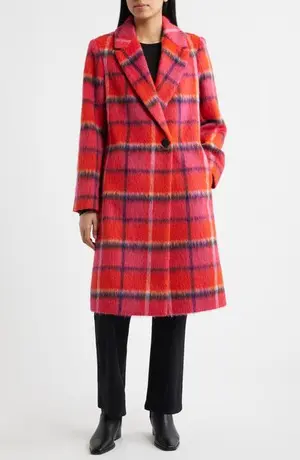Sam Edelman Brushed Plaid Coat - Red Plaid