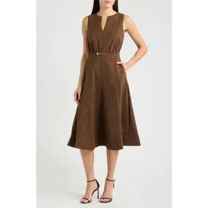 EN SAISON Eloise Belted Faux Suede Midi Dress - Brown