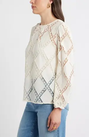 Caslon Lattice Lace Sheer Cotton Top - Ivory Pristine